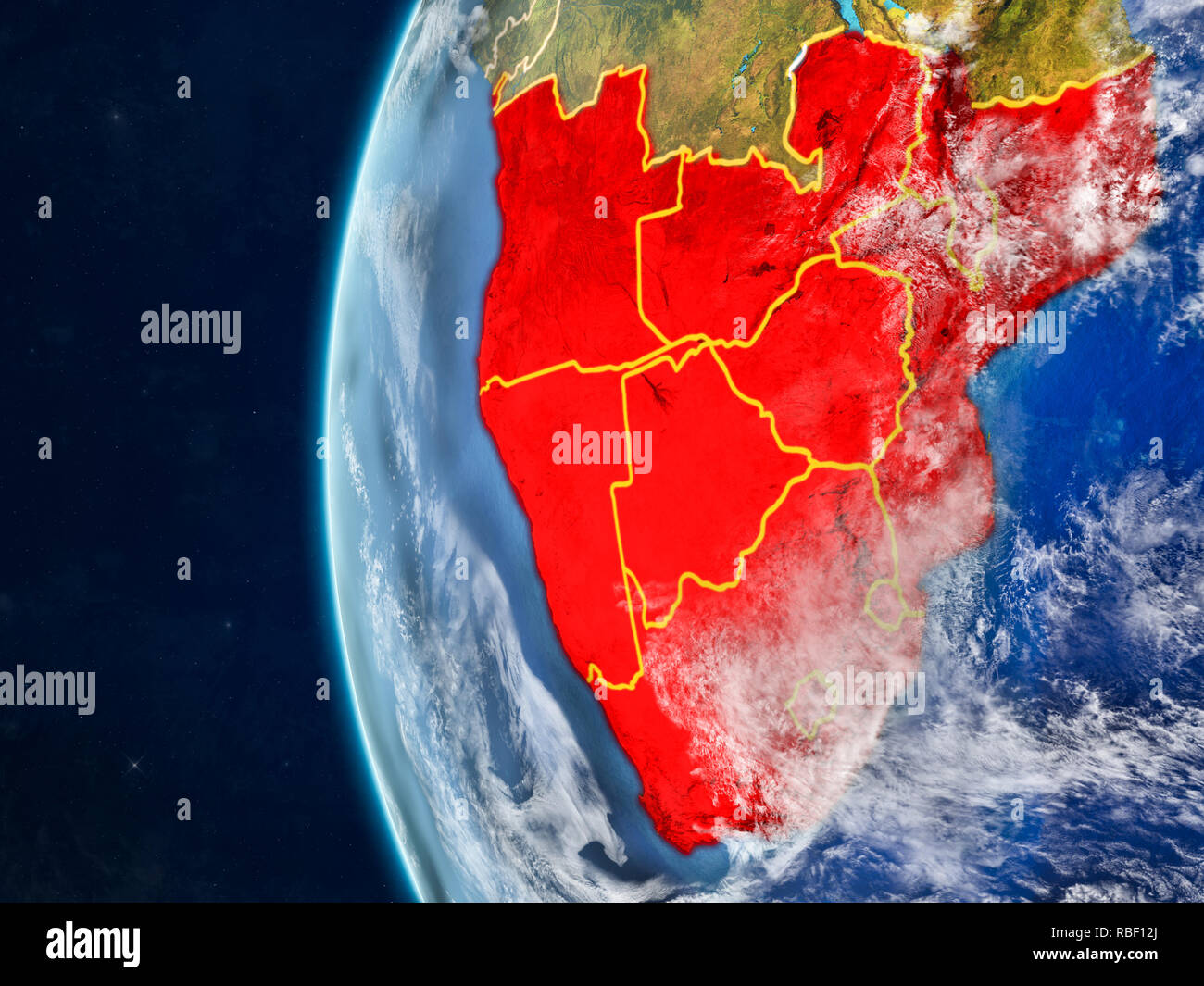 Southern Africa from space on model of planet Earth with country ...