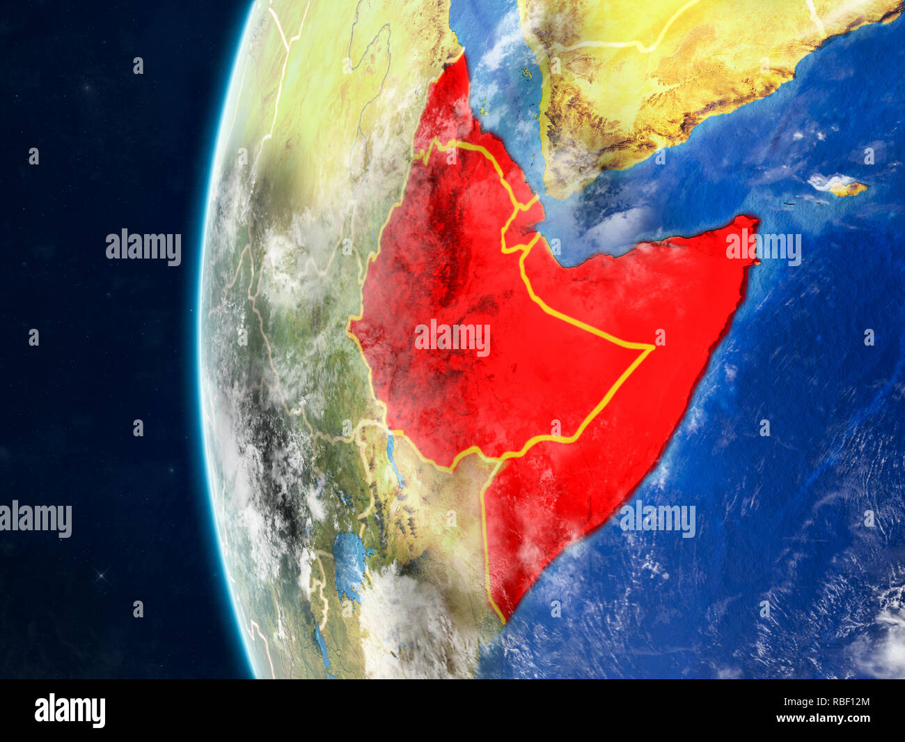Horn of Africa from space on model of planet Earth with country borders ...