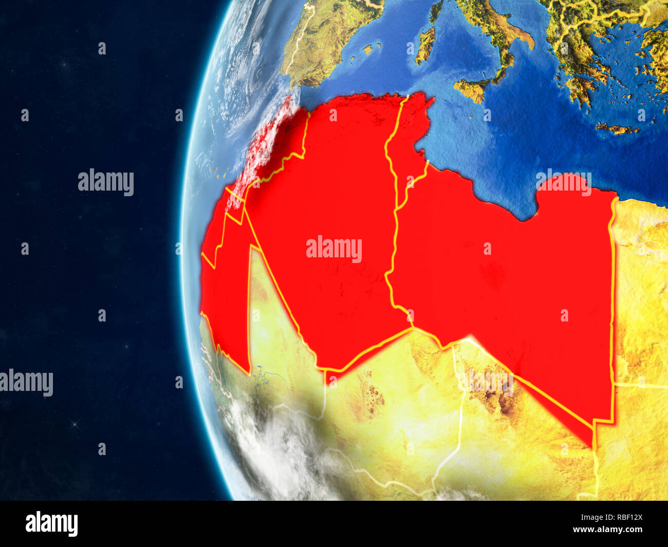 Maghreb region from space on model of planet Earth with country borders ...