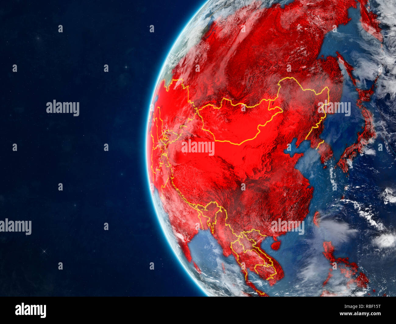 Asia from space on model of planet Earth with country borders and very ...