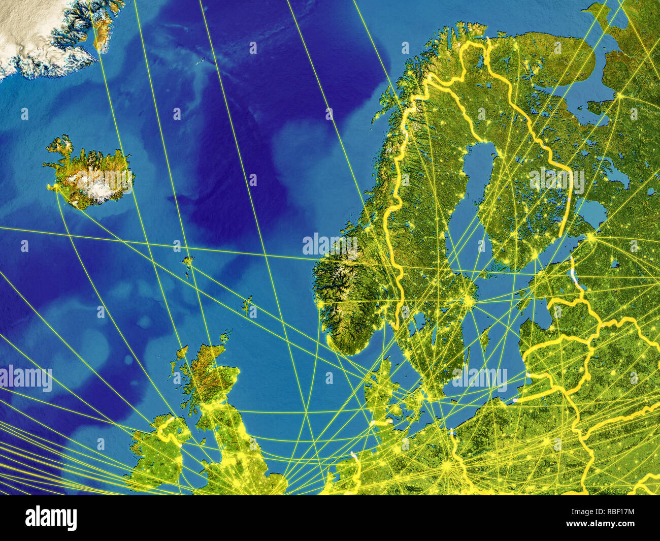 Northern Europe from space on Earth with country borders and lines ...