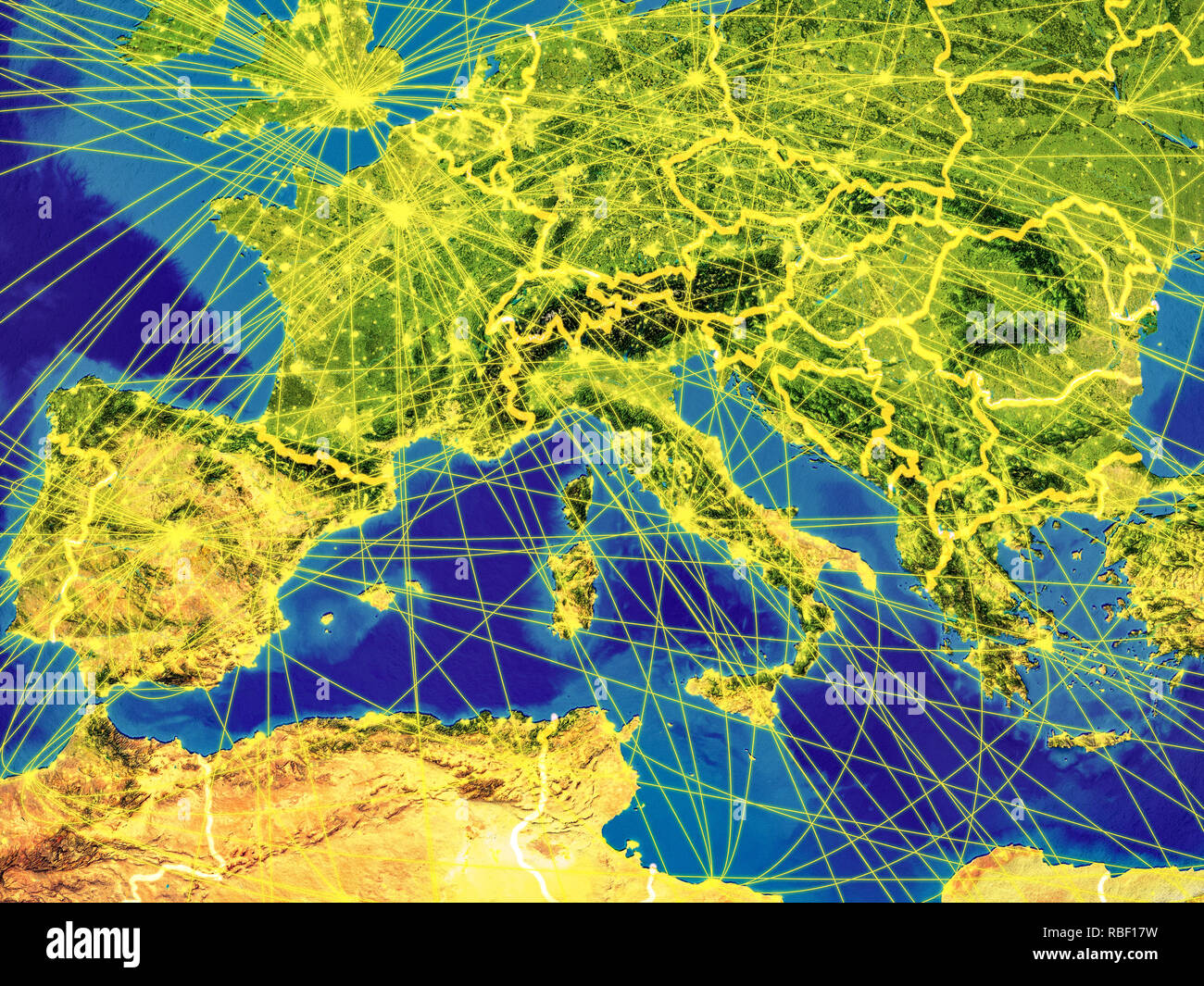 Southern Europe from space on Earth with country borders and lines ...