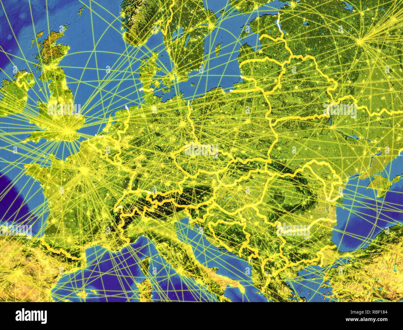 Central Europe from space on Earth with country borders and lines ...