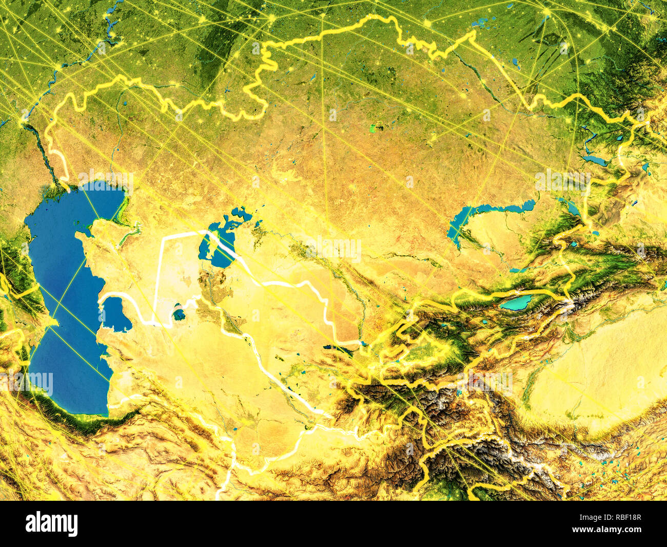 Central Asia from space on Earth with country borders and lines ...