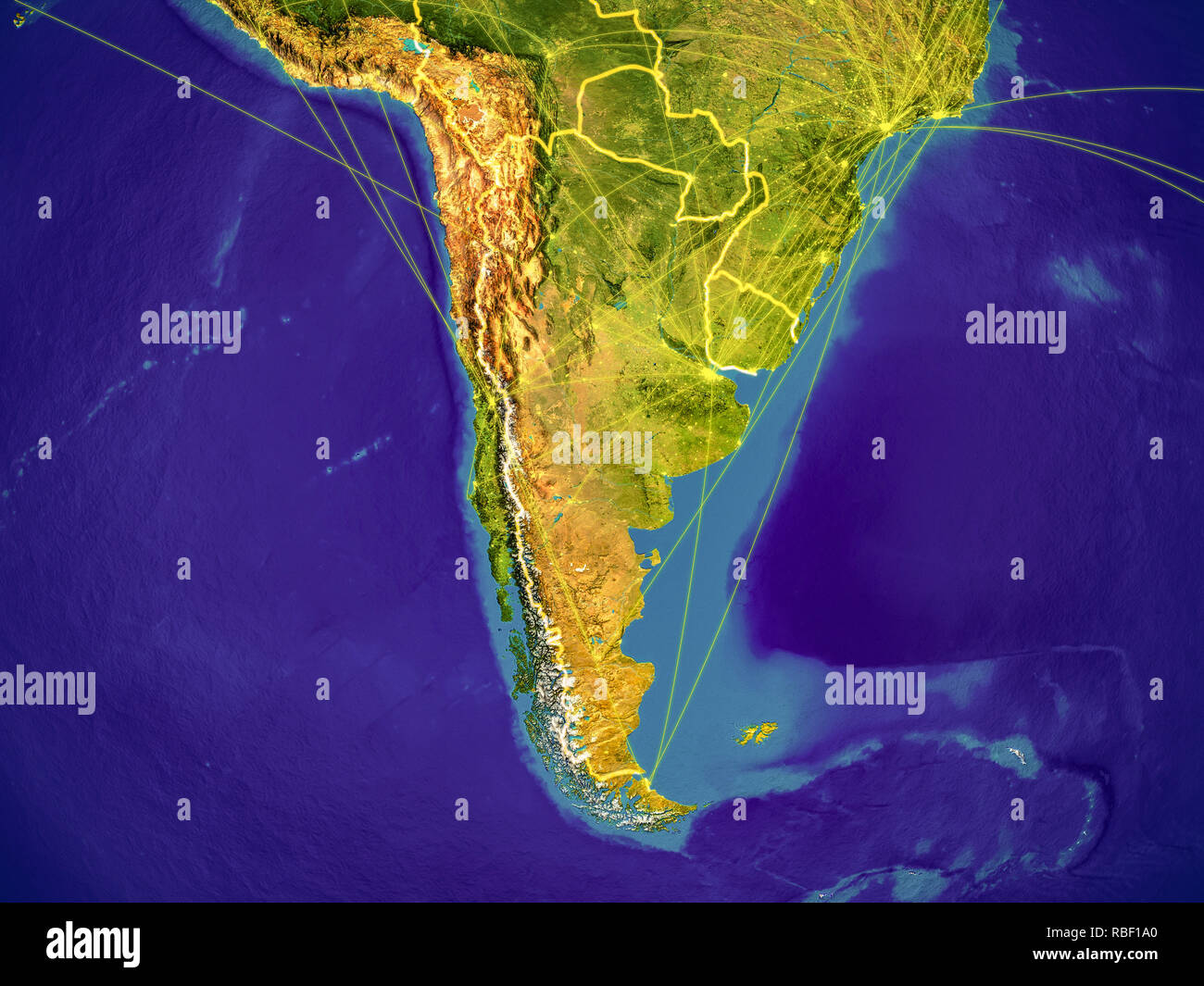 Southern Cone from space on Earth with country borders and lines ...