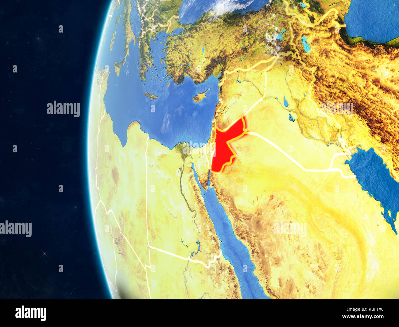Jordan from space on model of planet Earth with country borders and ...