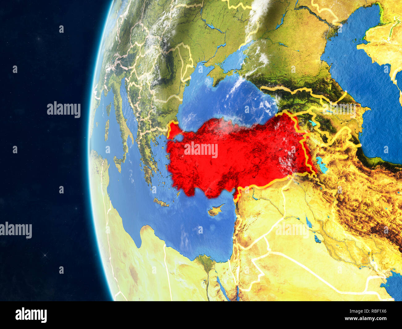Turkey from space on model of planet Earth with country borders and ...
