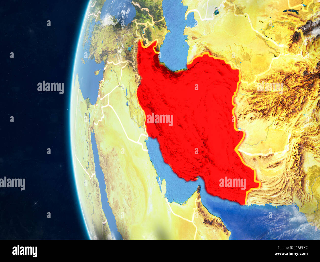 Iran from space on model of planet Earth with country borders and very ...
