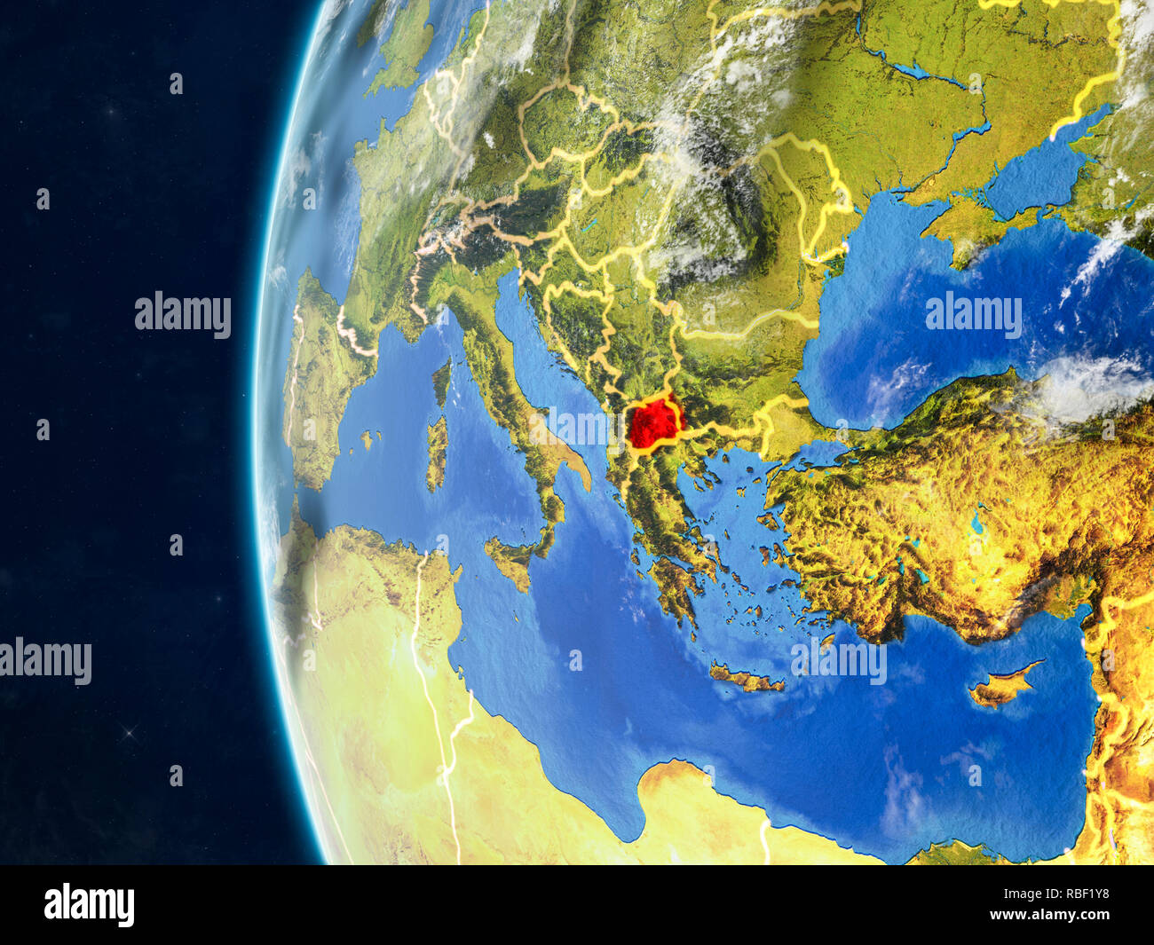 Macedonia from space on model of planet Earth with country borders and ...