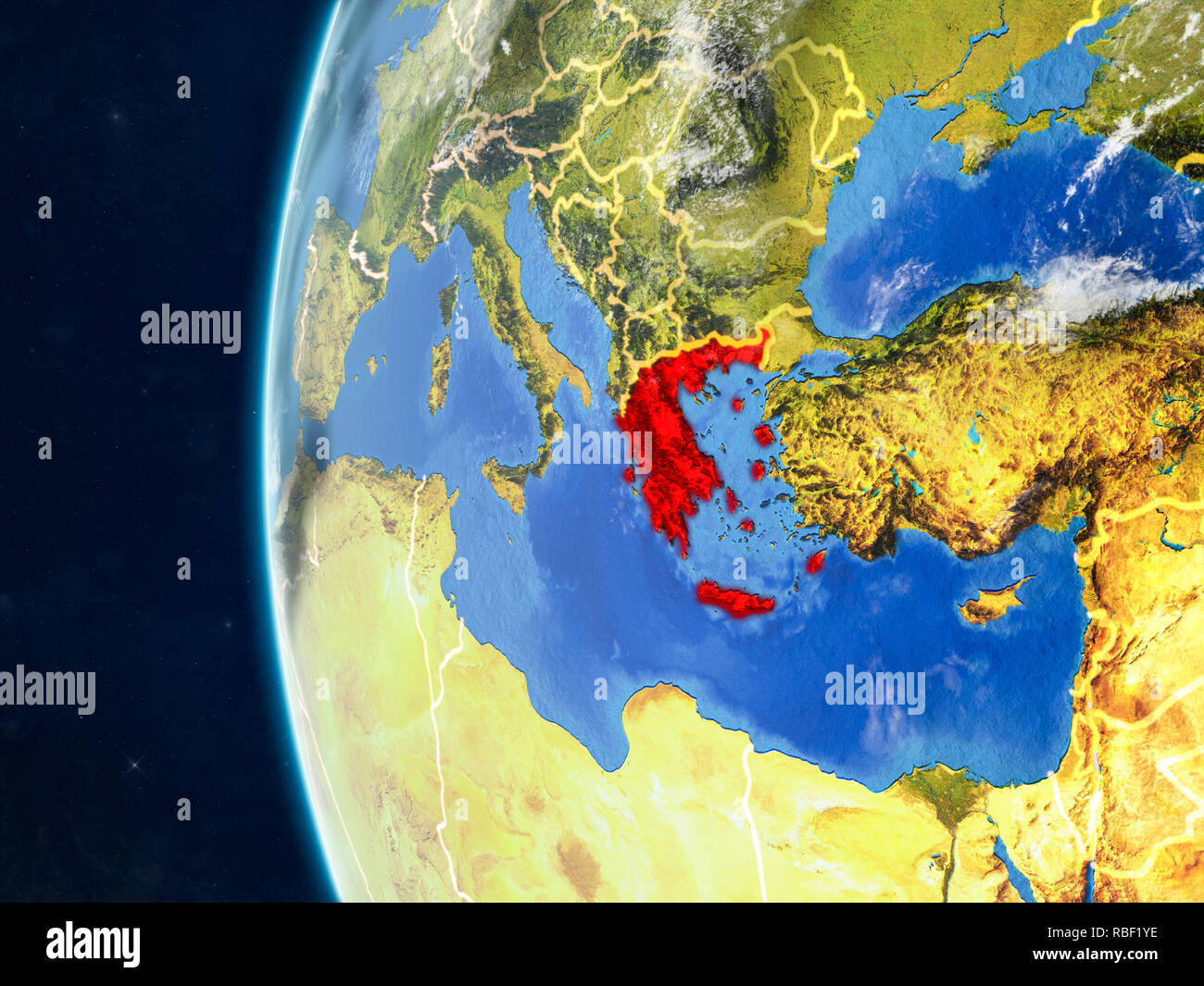 Greece from space on model of planet Earth with country borders and ...