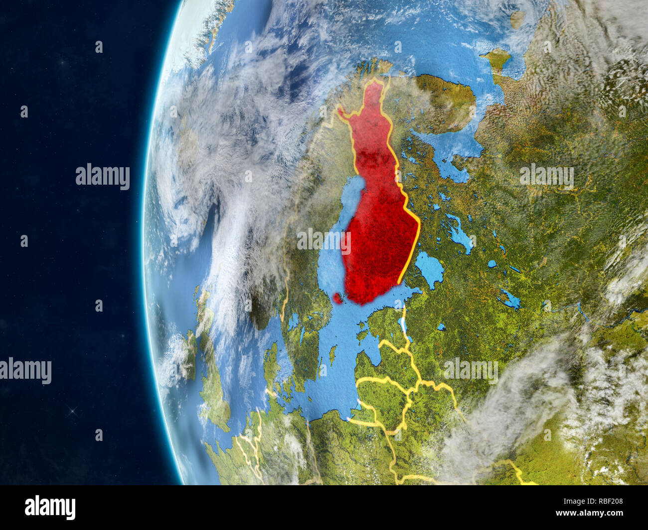 Finland from space on model of planet Earth with country borders and ...