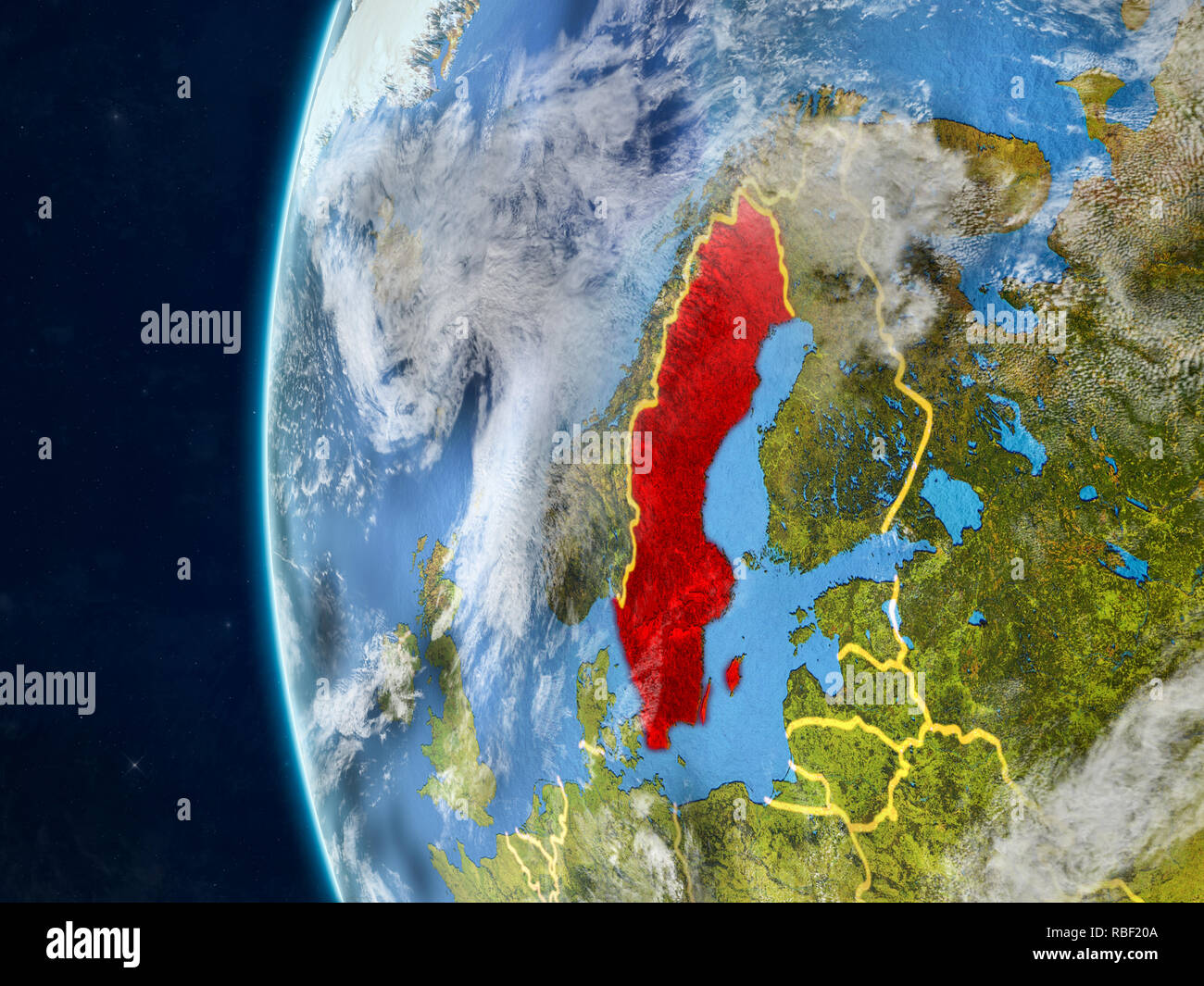 Sweden from space on model of planet Earth with country borders and ...