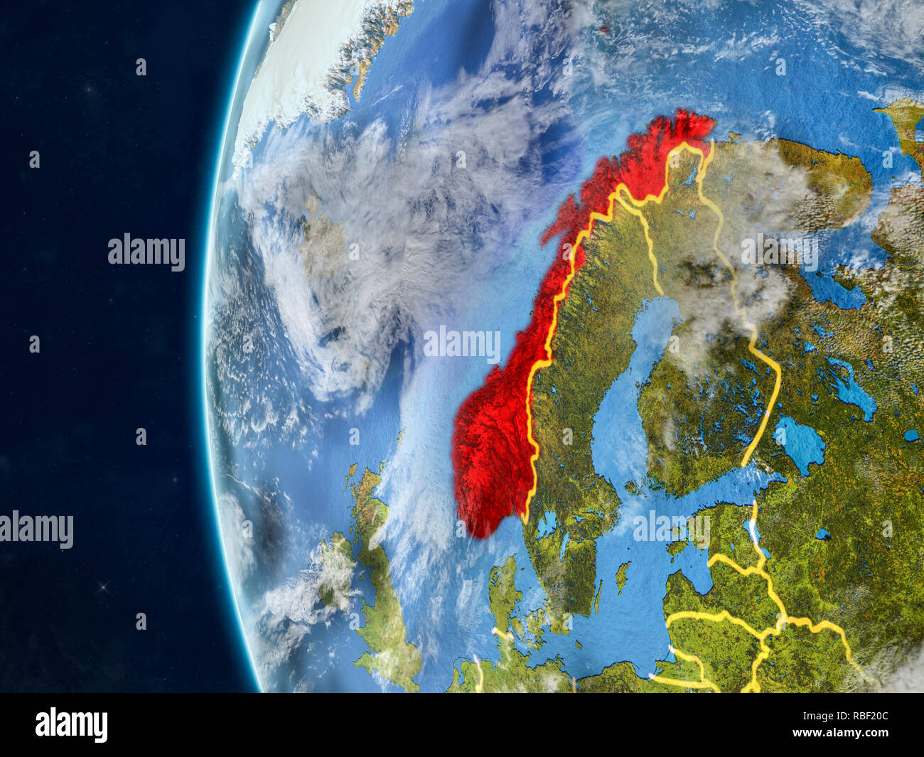 Norway from space on model of planet Earth with country borders and ...