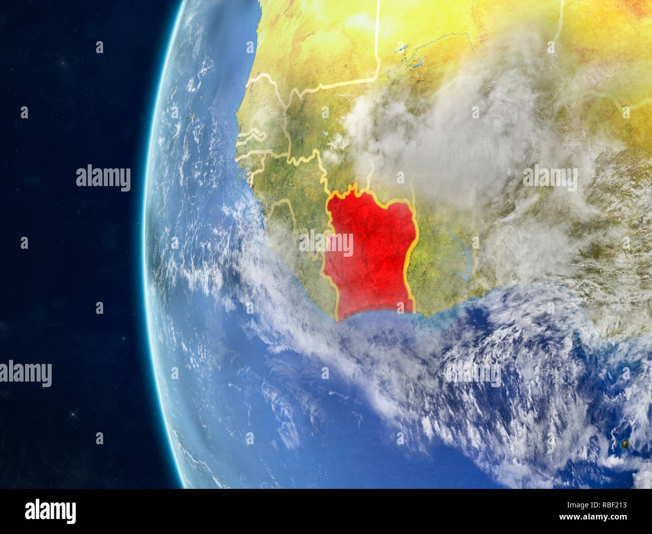 Ivory Coast from space on model of planet Earth with country borders ...