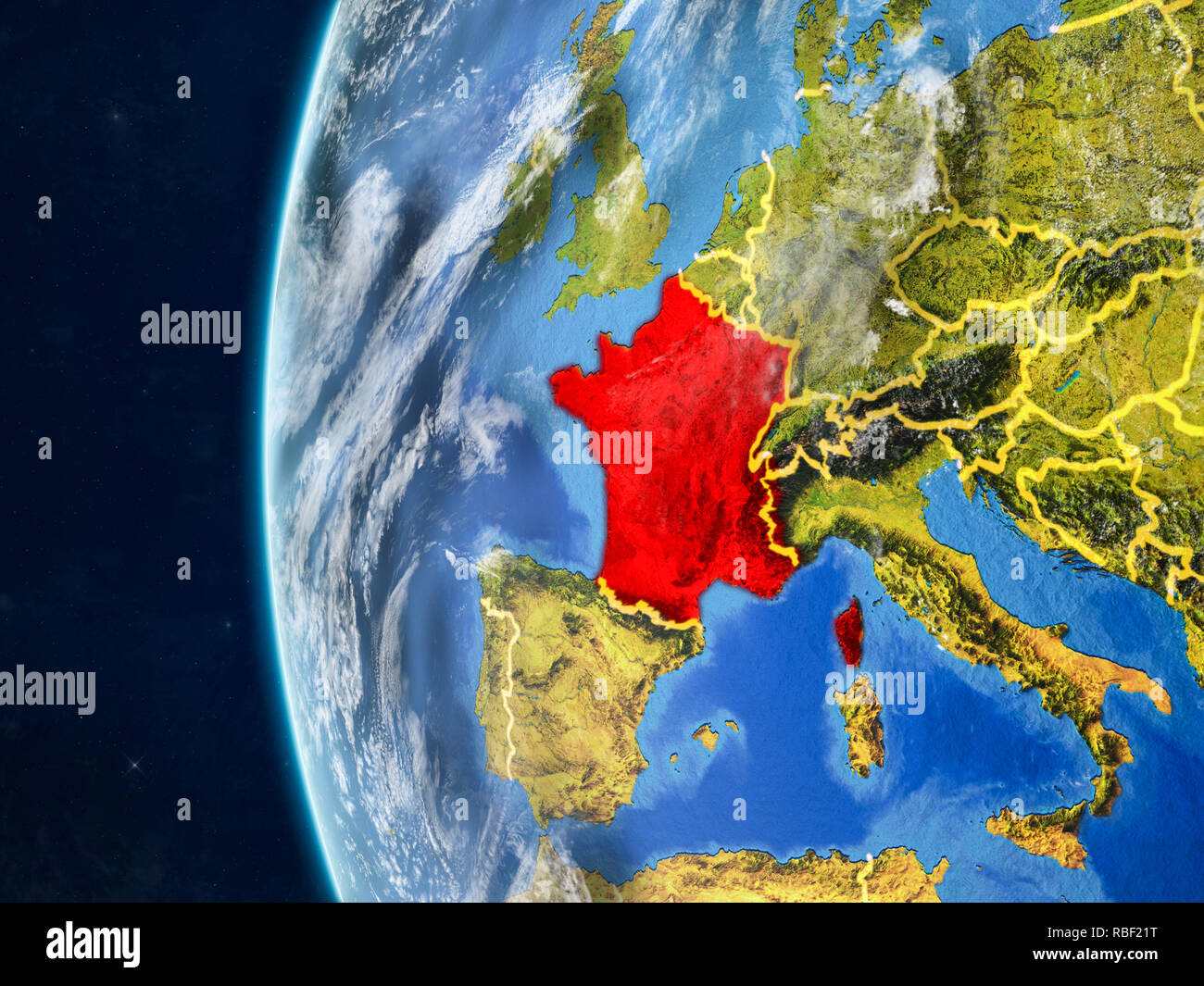 France from space on model of planet Earth with country borders and ...