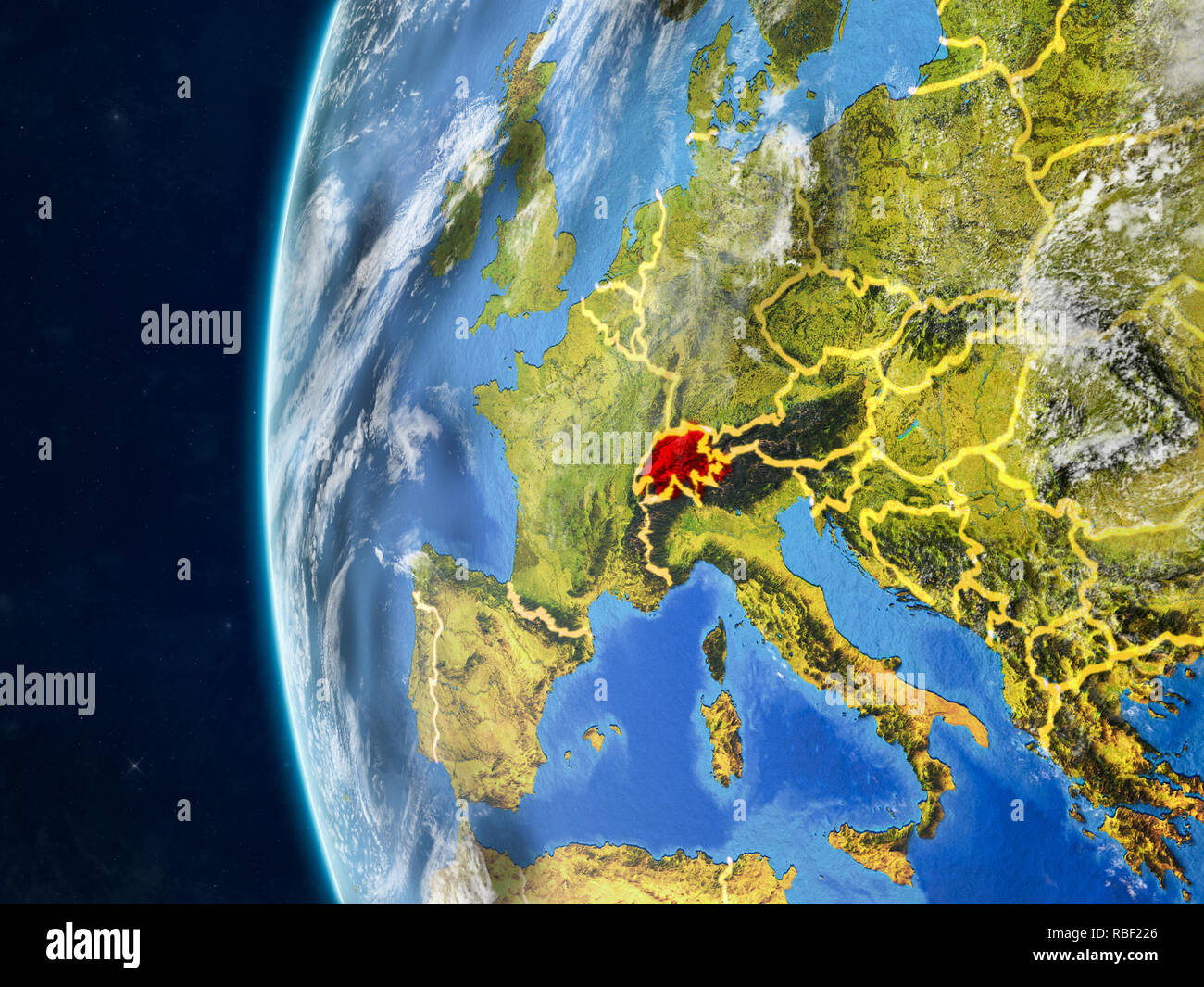 Switzerland from space on model of planet Earth with country borders ...