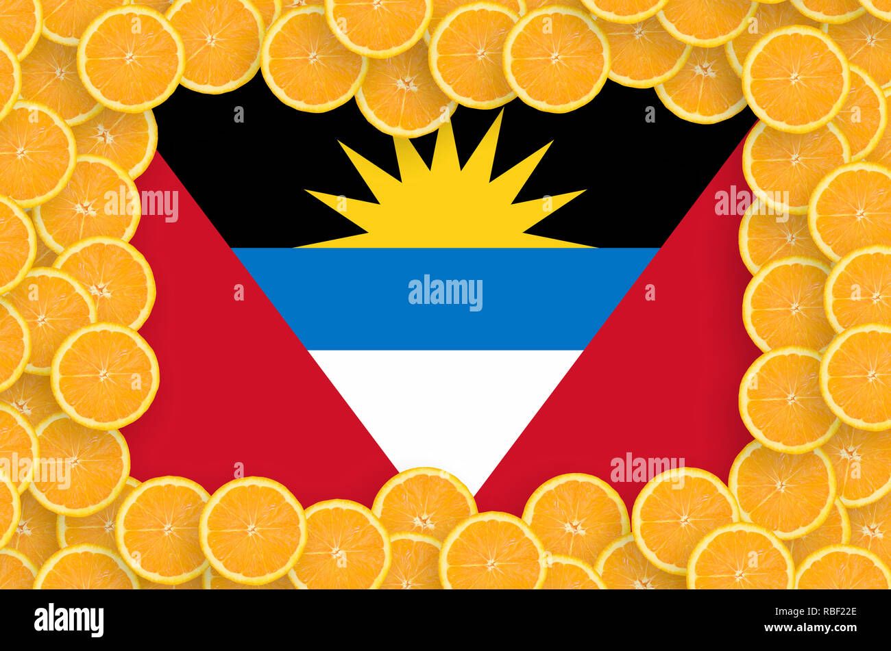 Antigua and Barbuda flag in frame of orange citrus fruit slices ...