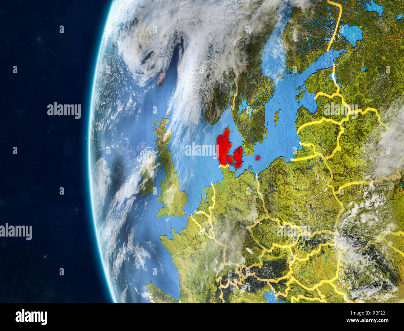 Denmark from space on model of planet Earth with country borders and ...