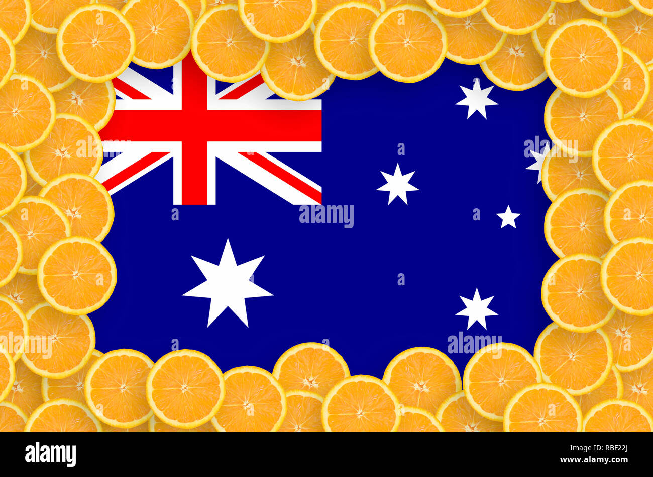 Australia flag in frame of orange citrus fruit slices. Concept of ...