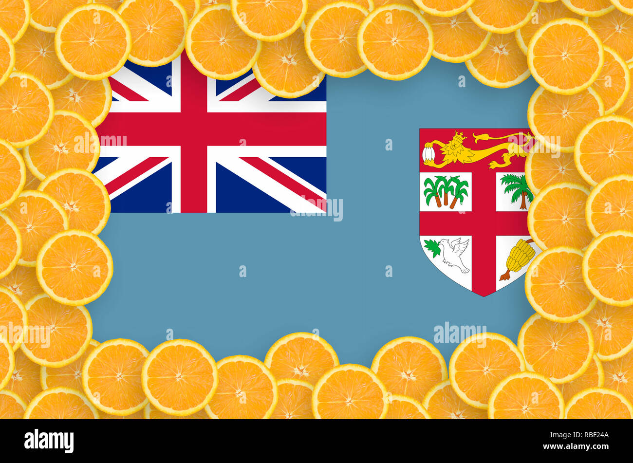 Fiji flag in frame of orange citrus fruit slices. Concept of growing as ...