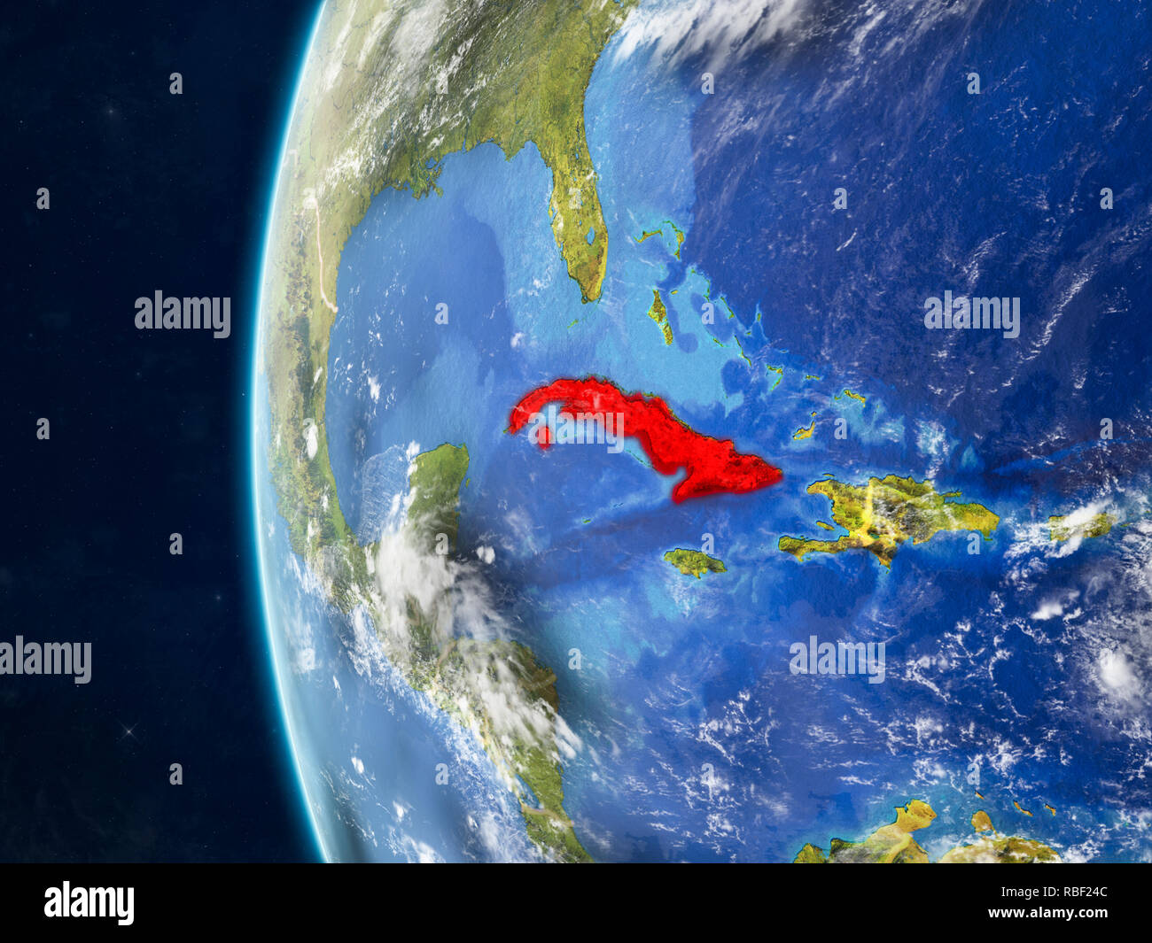 Cuba from space on model of planet Earth with country borders and very ...