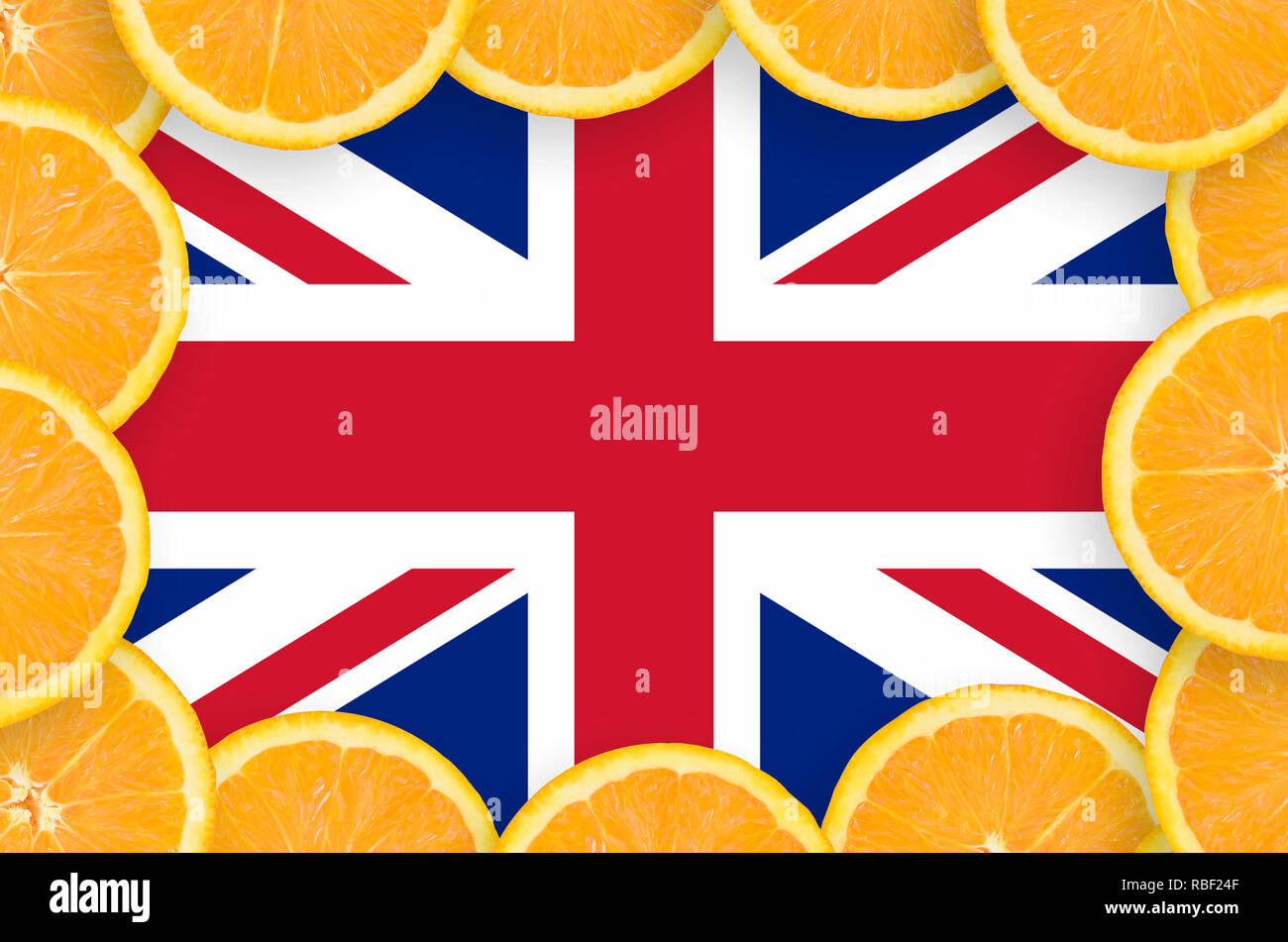Great britain flag in frame of orange citrus fruit slices. Concept of ...