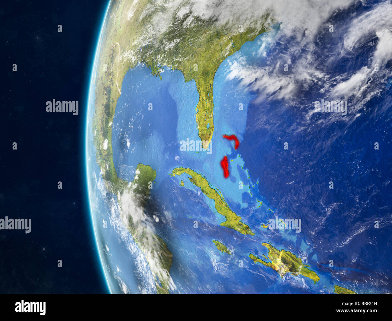 Bahamas from space on model of planet Earth with country borders and ...