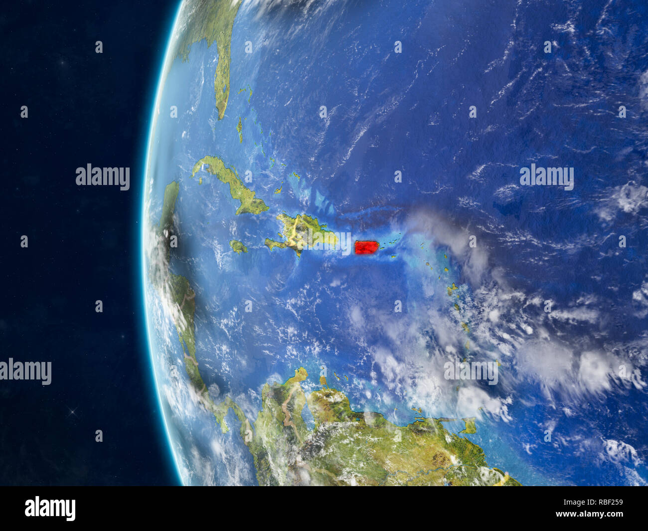 Puerto Rico from space on model of planet Earth with country borders ...