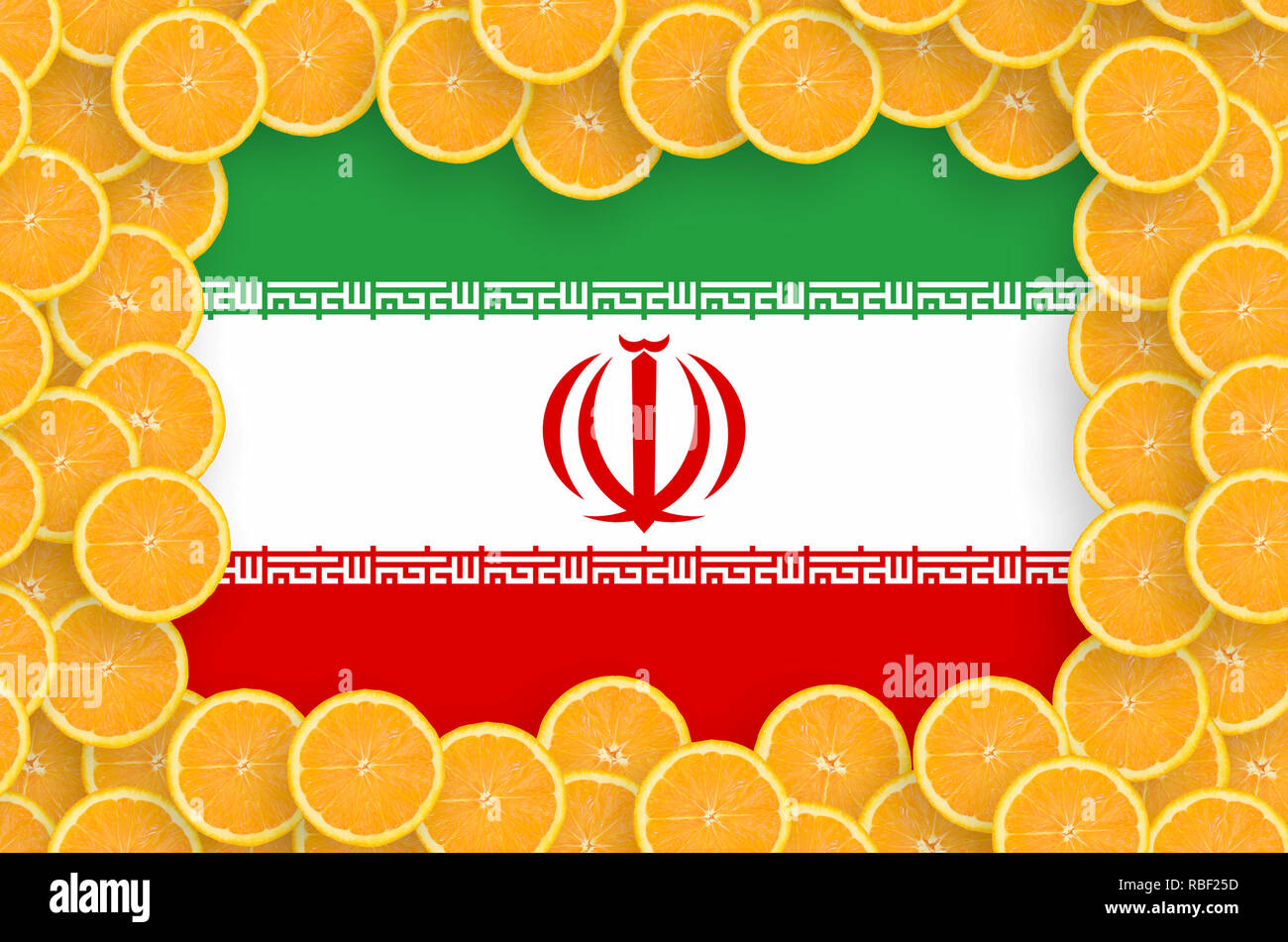 Iran flag in frame of orange citrus fruit slices. Concept of growing as ...