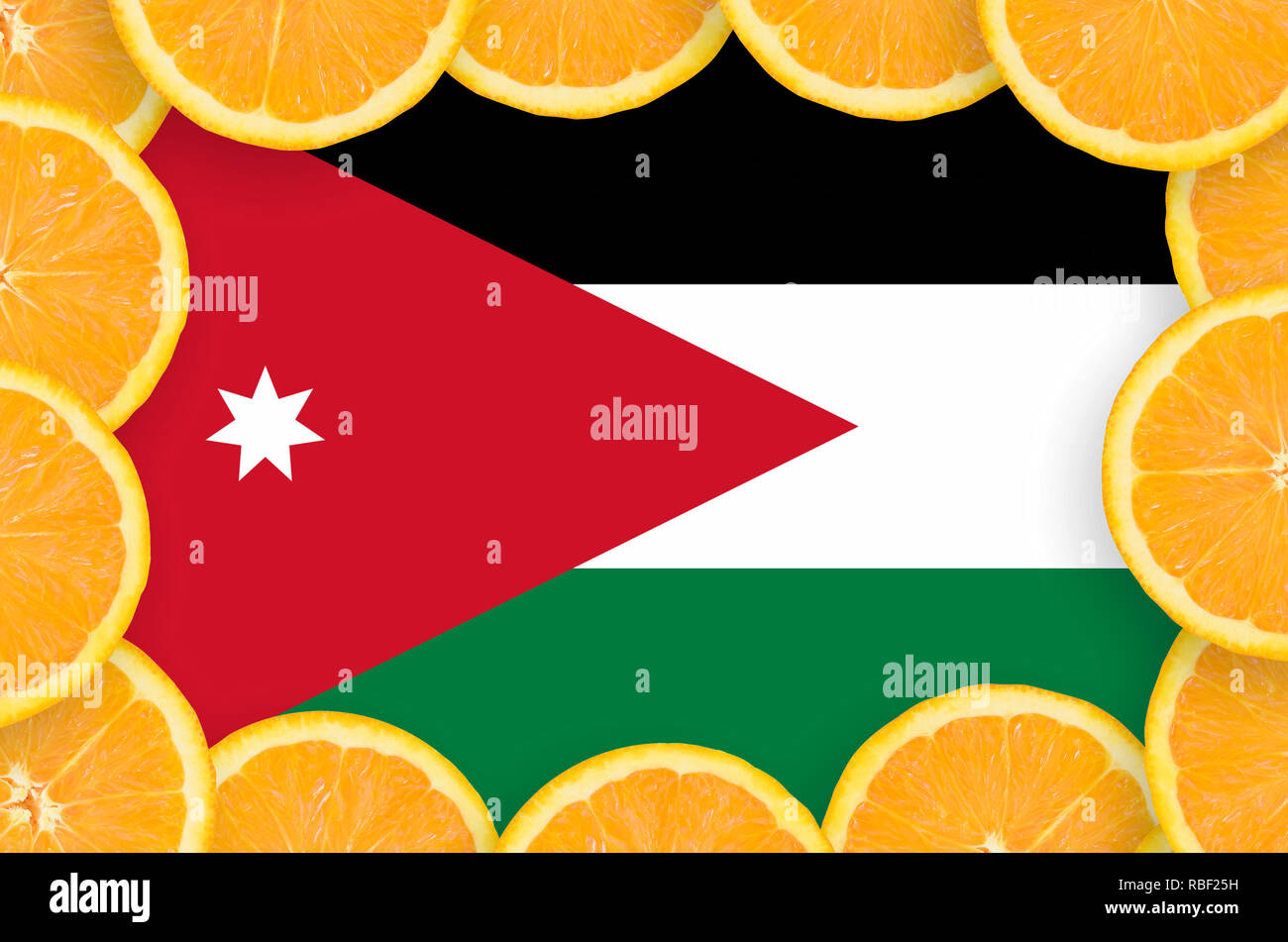 Jordan flag in frame of orange citrus fruit slices. Concept of growing ...