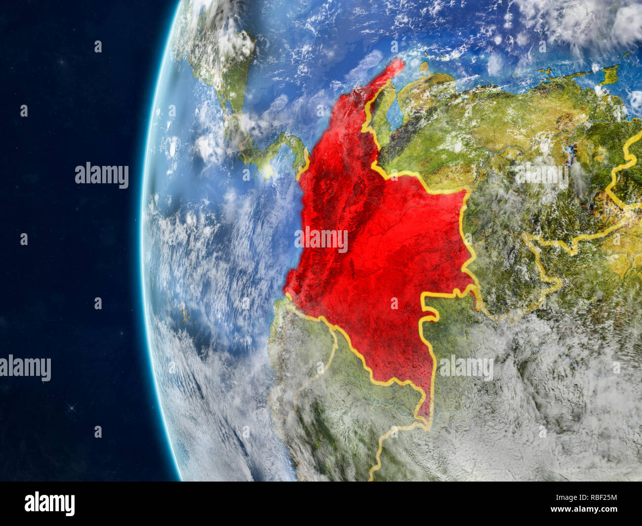 Colombia from space on model of planet Earth with country borders and ...