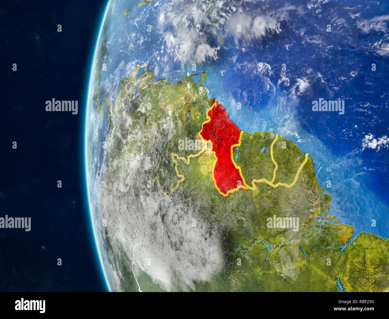 Guyana from space on model of planet Earth with country borders and ...