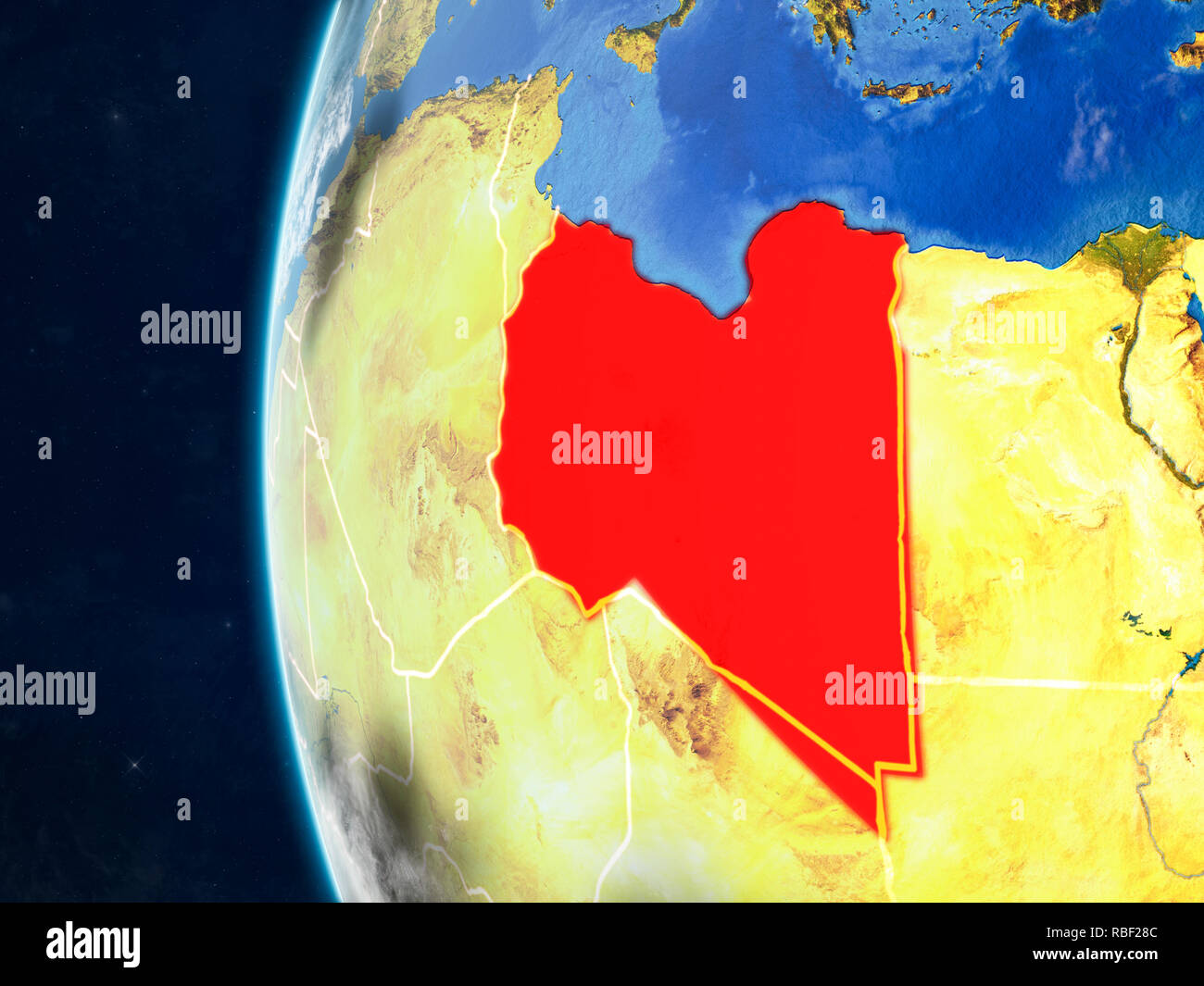 Libya from space on model of planet Earth with country borders and very ...