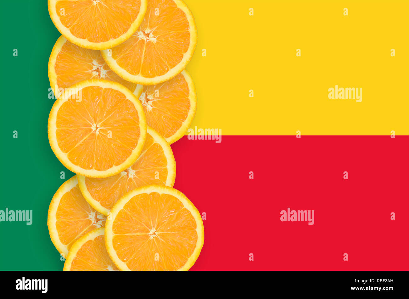 Benin flag and vertical row of orange citrus fruit slices. Concept of ...