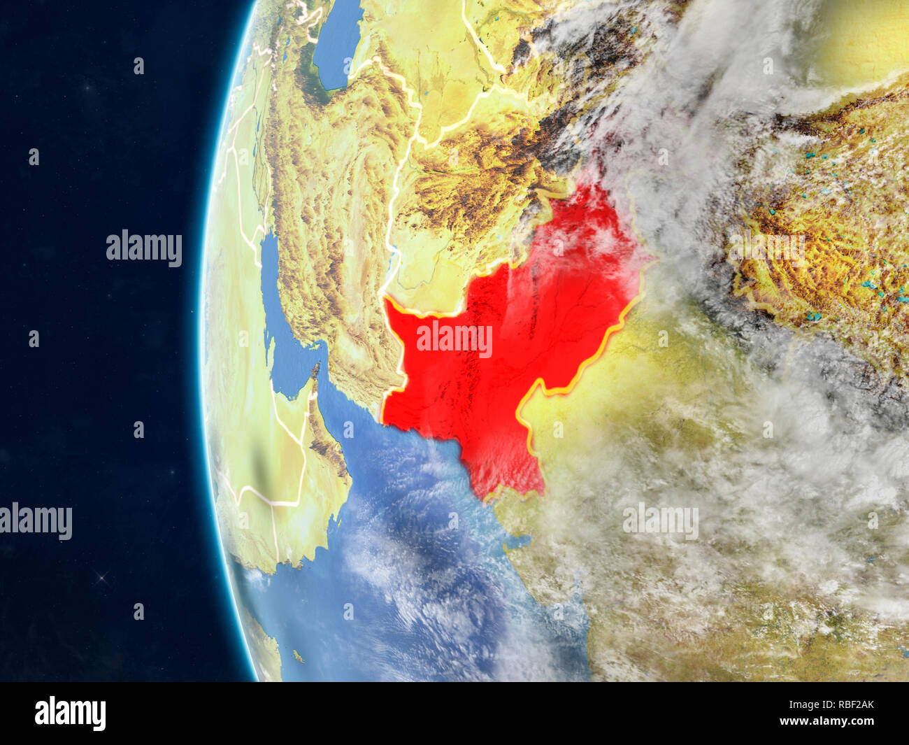 Pakistan from space on model of planet Earth with country borders and ...