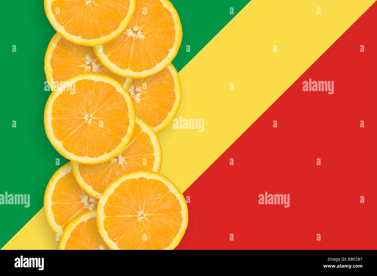 Congo flag and vertical row of orange citrus fruit slices. Concept of ...