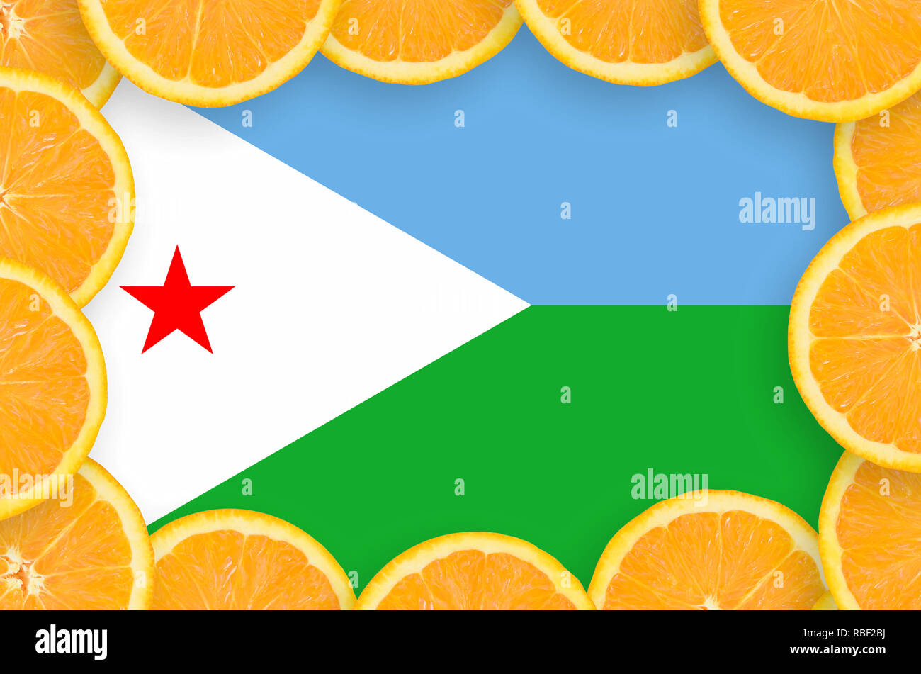 Djibouti flag in frame of orange citrus fruit slices. Concept of ...