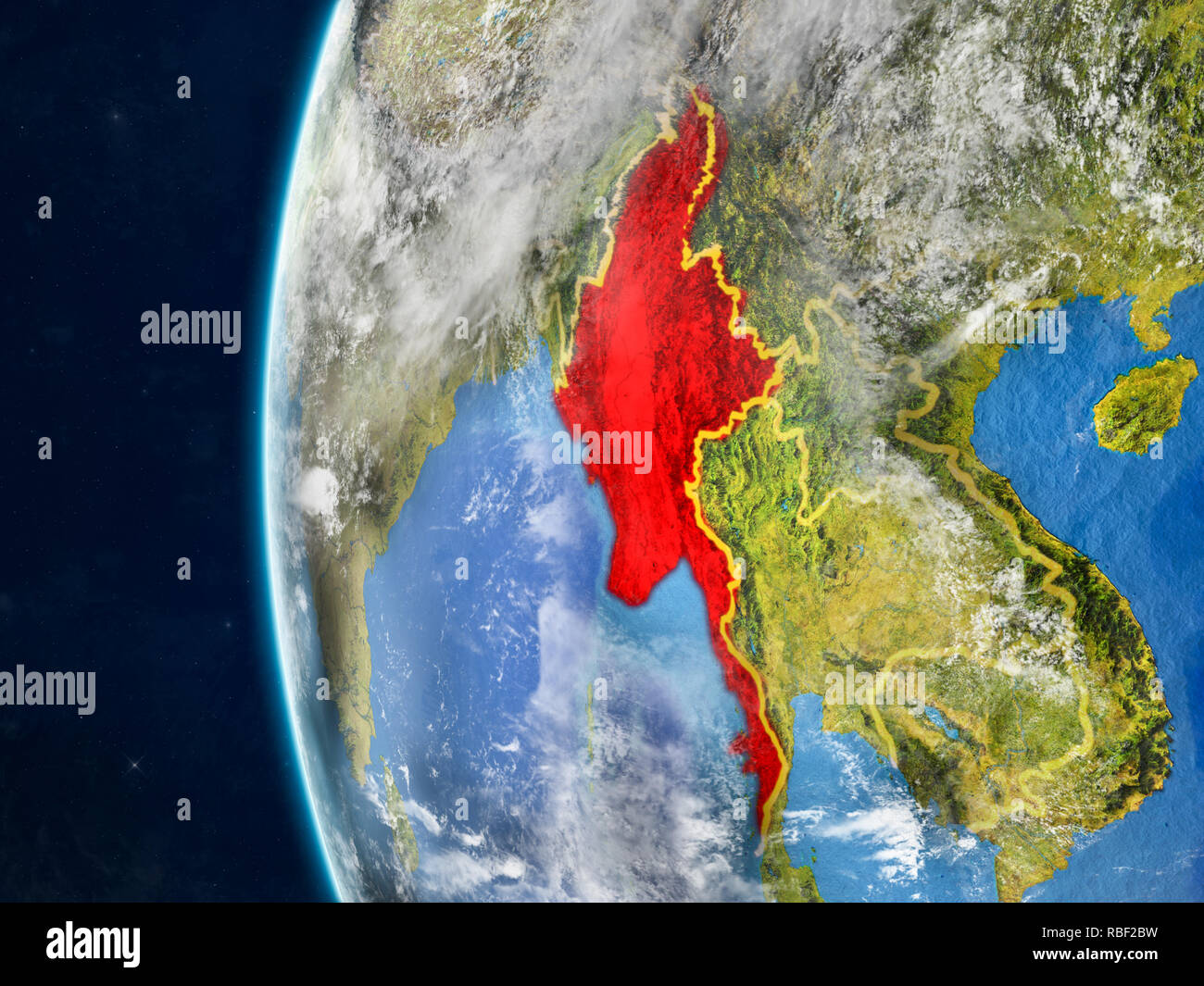 Myanmar from space on model of planet Earth with country borders and ...