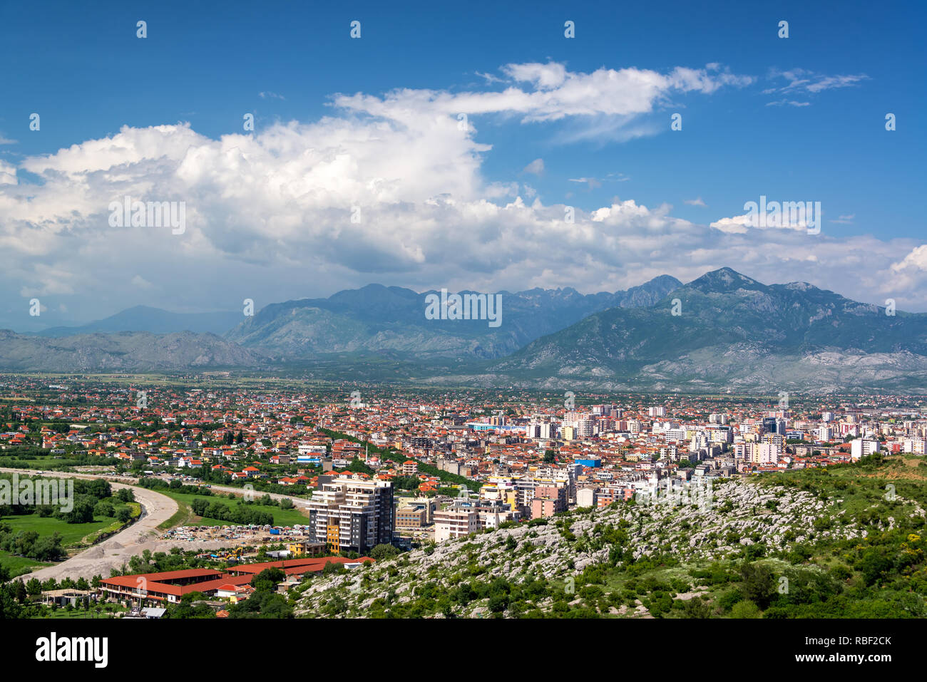 Cityscape view of Shkoder, Albania with the Albanian Alps, known as the ...