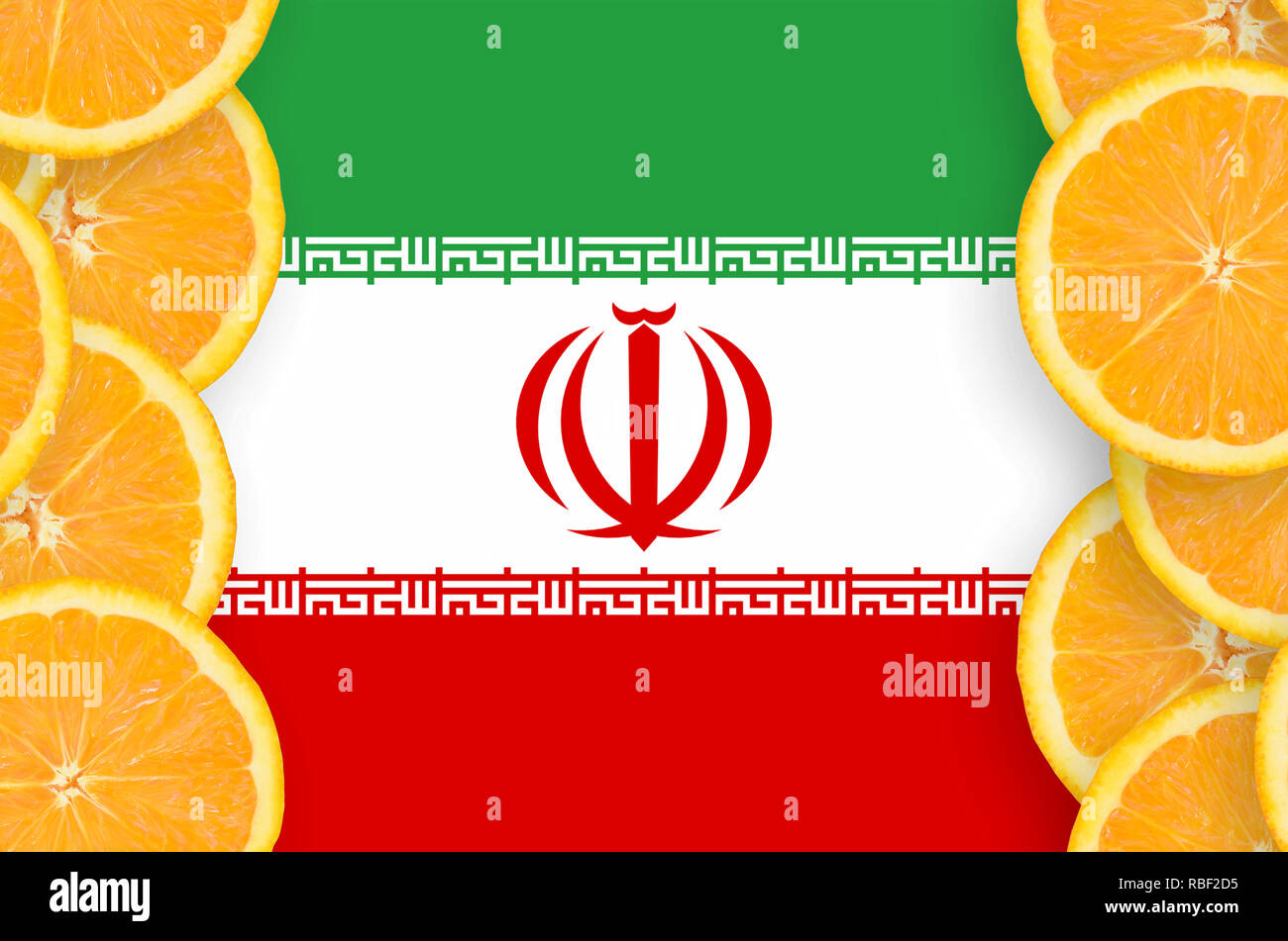 Iran flag in vertical frame of orange citrus fruit slices. Concept of ...
