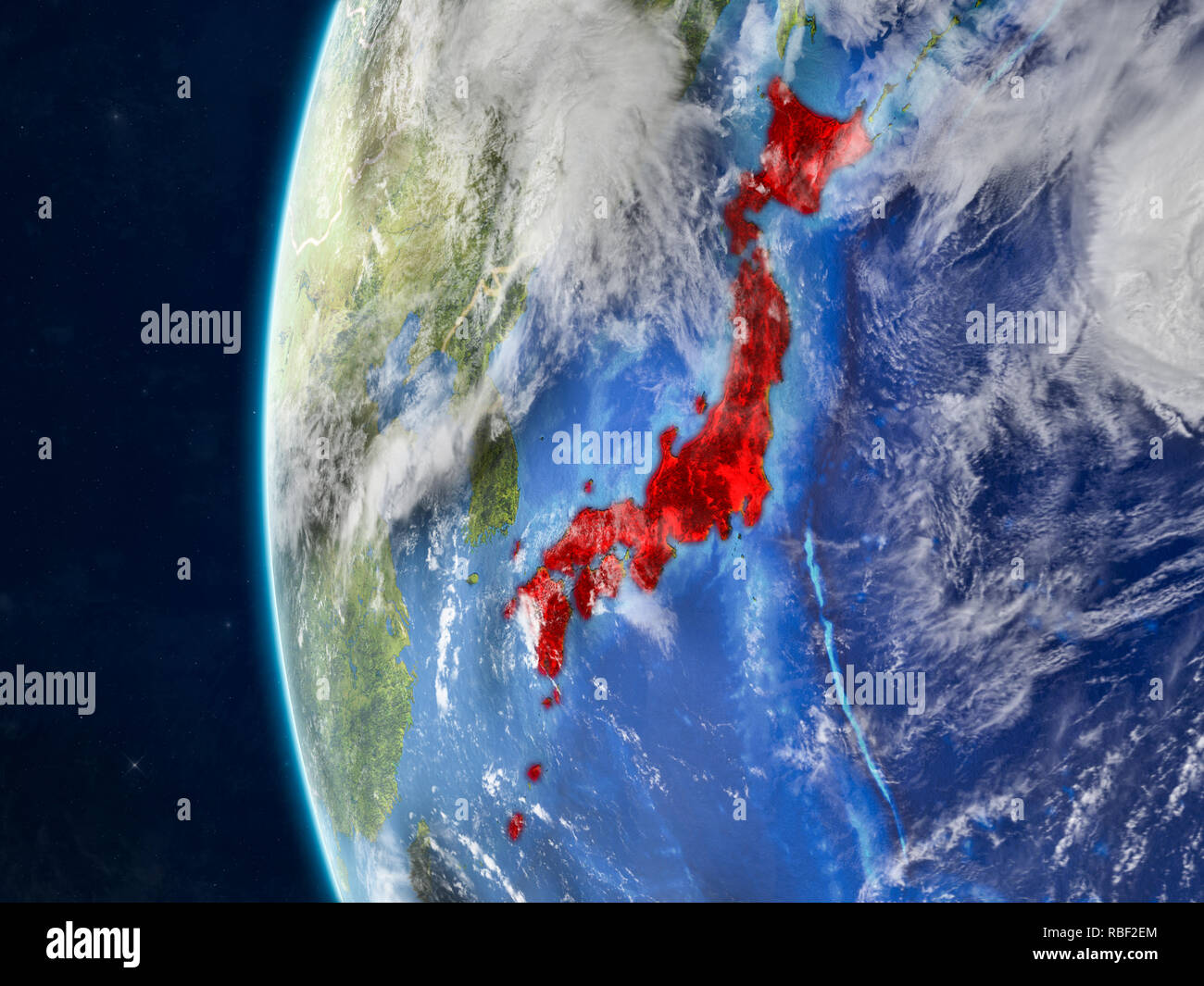 Japan from space on model of planet Earth with country borders and very ...
