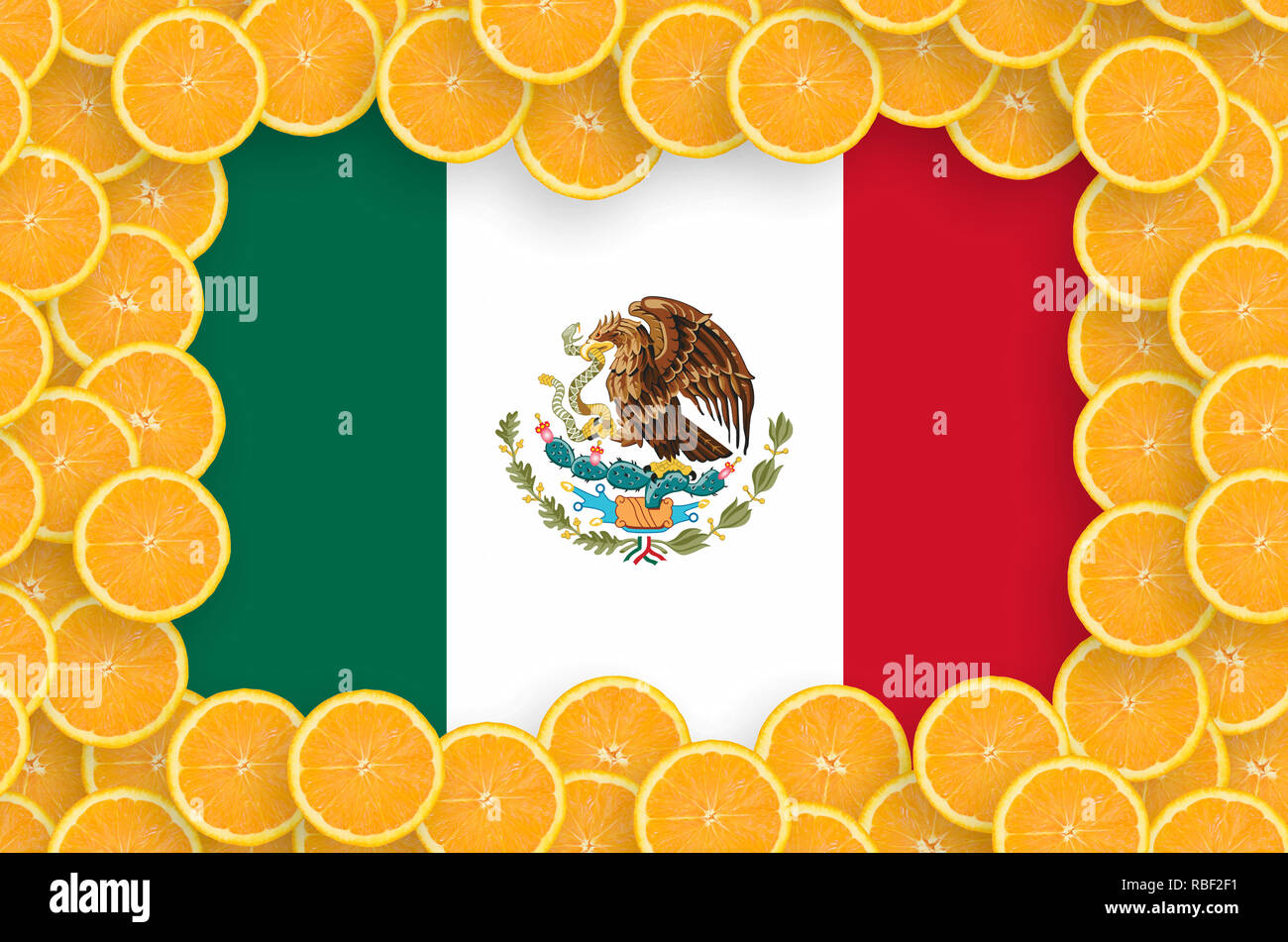 Mexico flag in frame of orange citrus fruit slices. Concept of growing ...