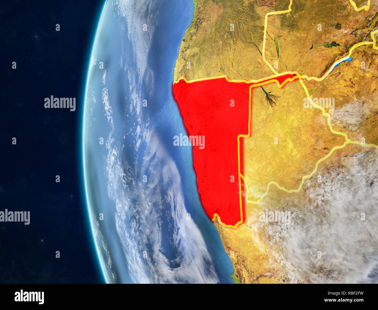 Namibia from space on model of planet Earth with country borders and ...