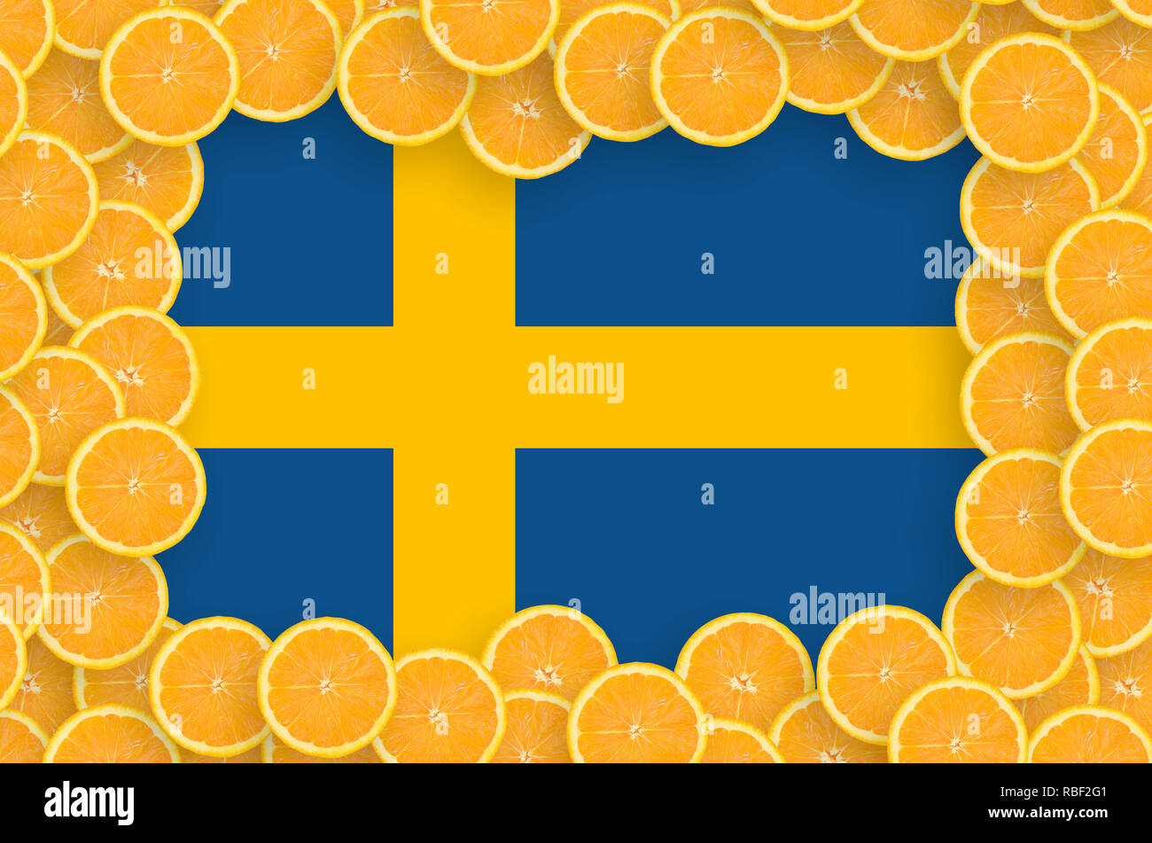 Sweden flag in frame of orange citrus fruit slices. Concept of growing ...