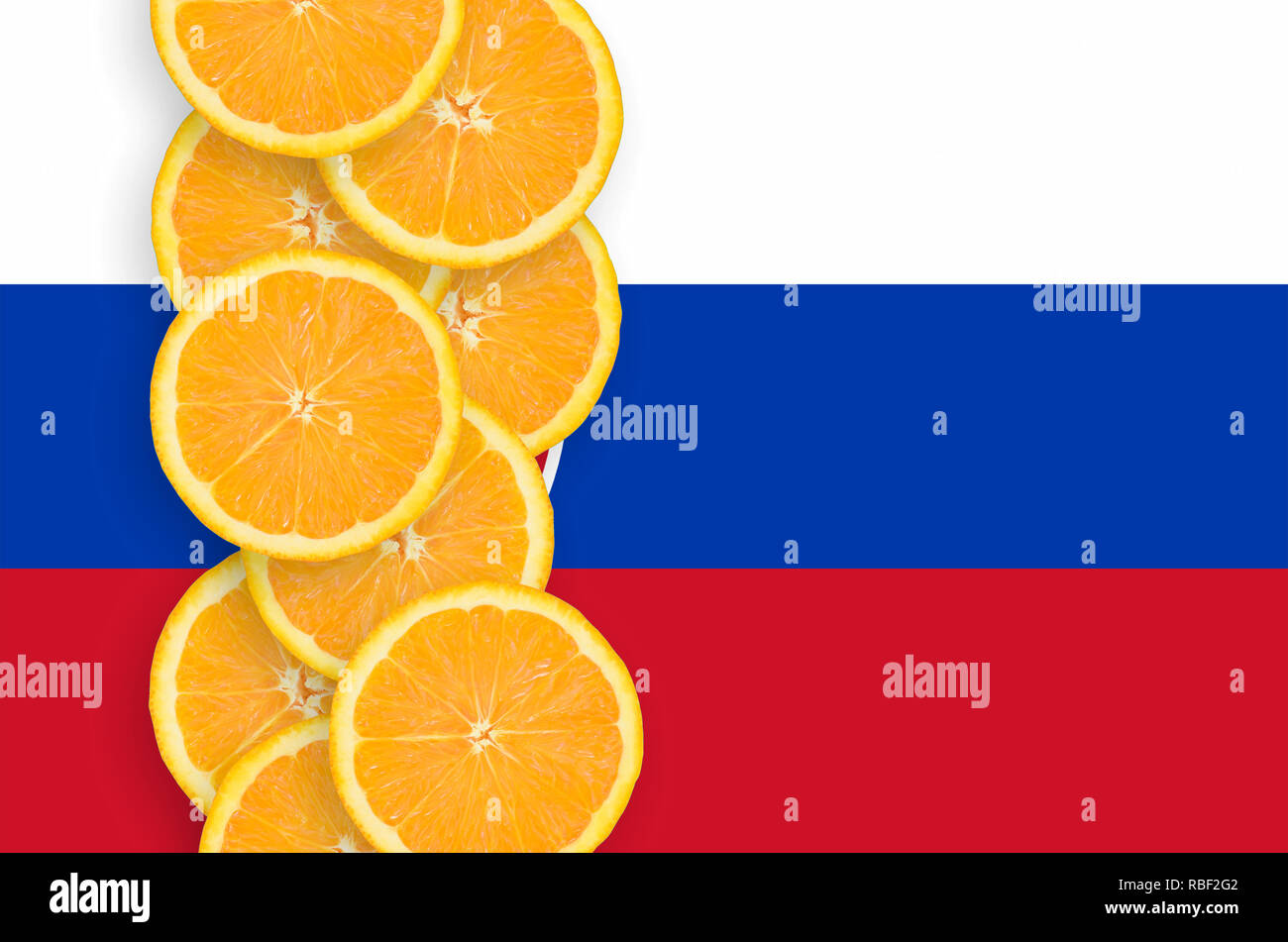 Slovakia flag and vertical row of orange citrus fruit slices. Concept ...