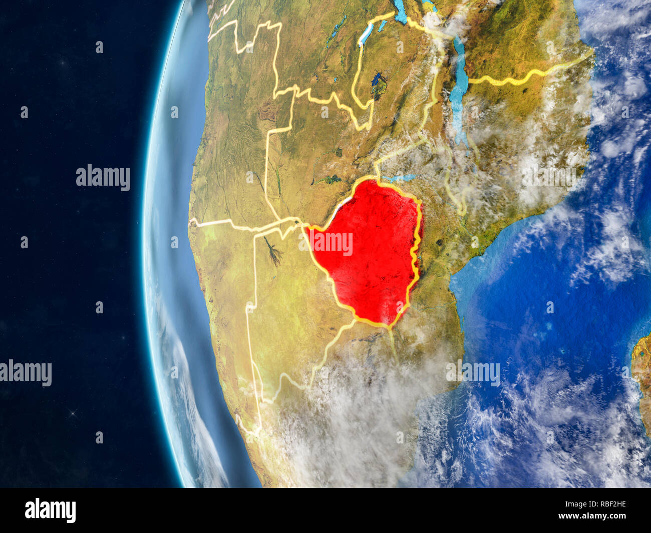 Zimbabwe from space on model of planet Earth with country borders and ...