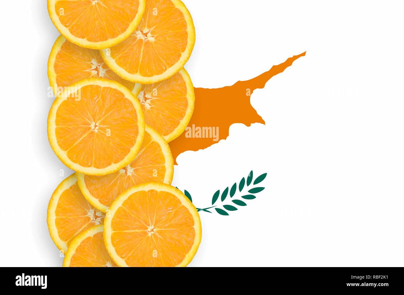 Cyprus flag and vertical row of orange citrus fruit slices. Concept of ...
