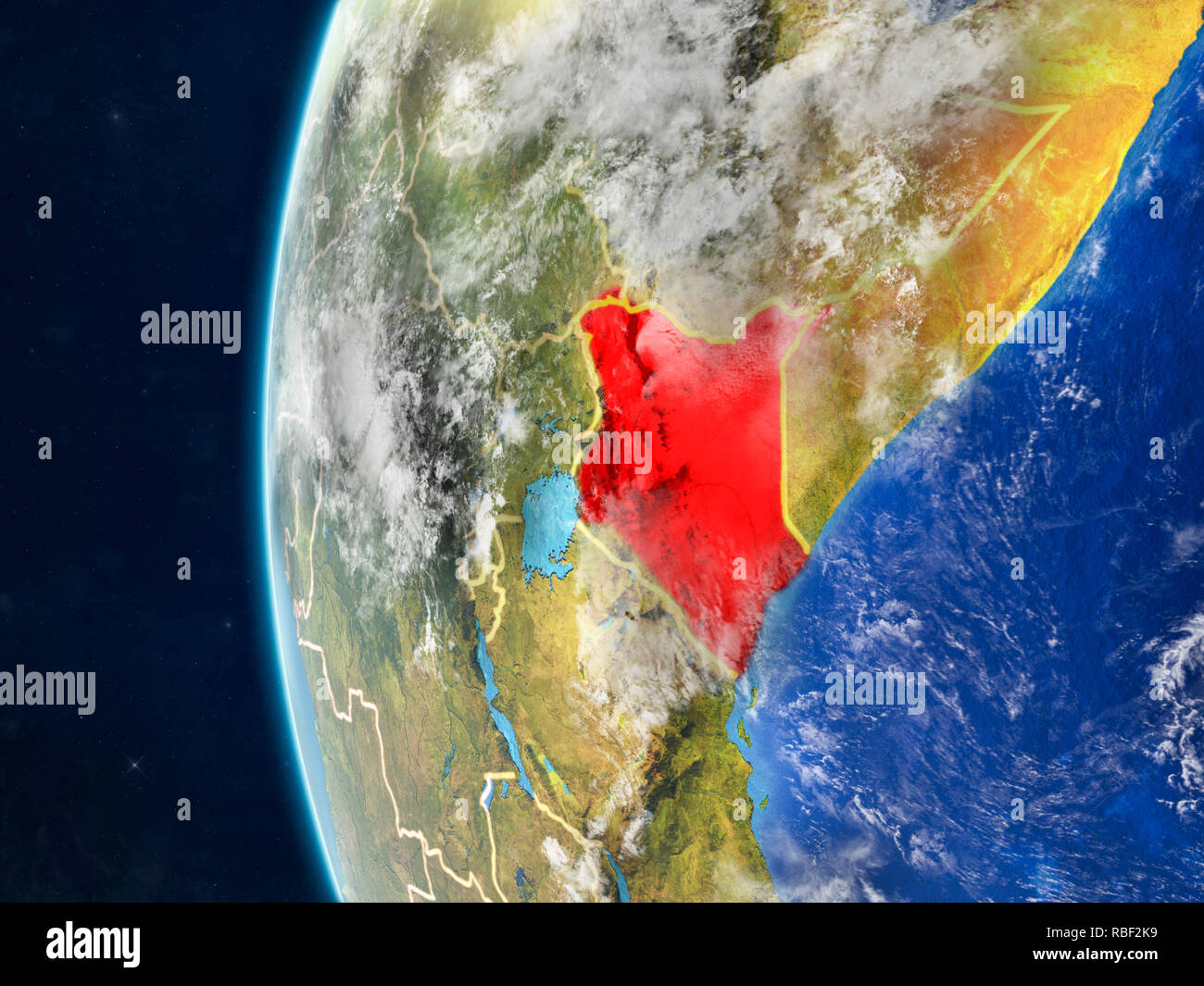 Kenya from space on model of planet Earth with country borders and very ...
