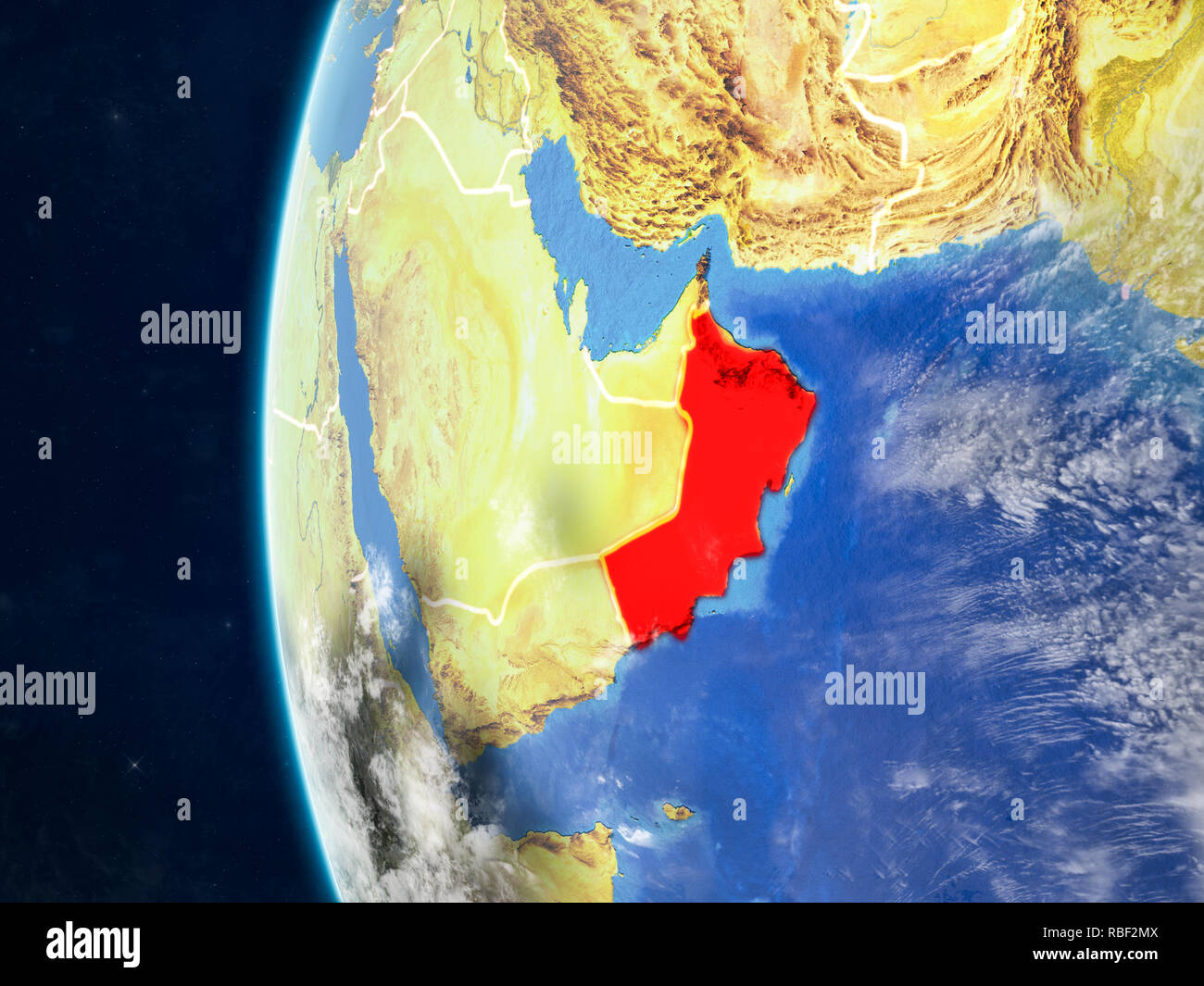 Oman from space on model of planet Earth with country borders and very ...