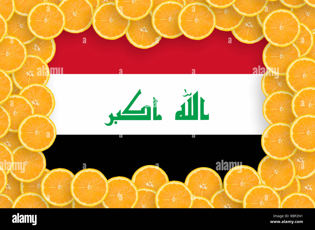 Iraq flag in frame of orange citrus fruit slices. Concept of growing as ...